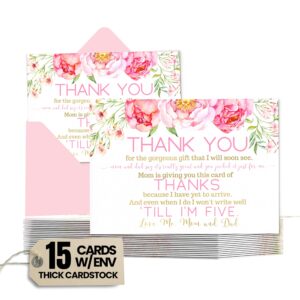 cottage floral baby shower thank you cards with envelopes blank notes prefilled message girls, personalize for registry gifts cute pink and gold notecard set 4x6 stationery, 15 pack