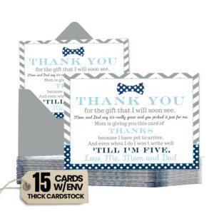 paper clever party bow tie baby shower thank you cards with envelopes blank notes prefilled message boys personalize for registry gifts blue and grey notecard set 4x6, 15 pack printed