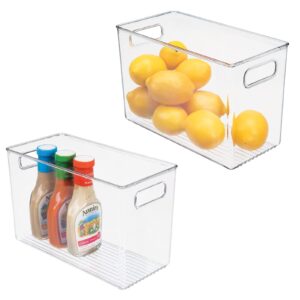 mdesign plastic storage box – narrow open-top fridge organiser tray with handle – can be used as fridge tray, shelf box or for cupboard storage – pack of 2 — clear