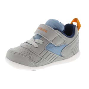 tsukihoshi 2510 racer strap-closure machine-washable baby sneaker shoe with wide toe box and slip-resistant, non-marking outsole - gray/sea, 3.5 infant (0-12 months)