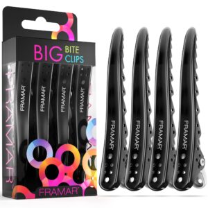 framar black big bite clips - set of 4 professional hair clips – hair clips for styling, clips for hair, metal hair clips - extra grip & durable