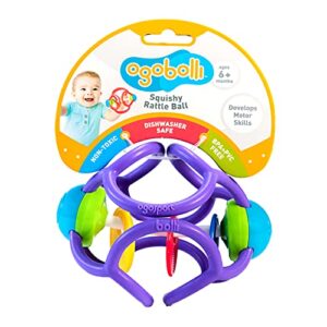 ogobolli rattle & teether toy for babies - tactile sensory ball - stretchy, soft non-toxic silicone - ages 6 months and up - purple