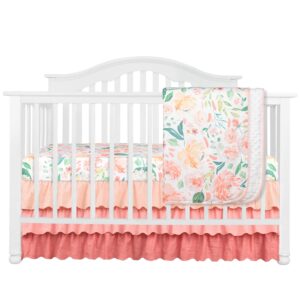 secret garden coral floral ruffle baby minky blanket water color, peach floral nursery crib ruffle skirt set baby girl crib bedding (secret garden 3 pieces set)