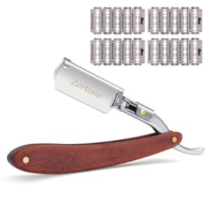 zertone straight razors for men natural wood scale with 20 double edge blades - professional and close shaving straight edge razor- manual shaver, barber razor blade (aluminum)