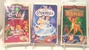 set of 3 disney family entertainment videos ~ bambi vhs, cinderella vhs, alice in wonderland vhs