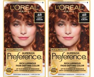 l’oréal paris superior preference luminous fade-defying permanent hair color, hair dye for up to 9 weeks of radiance, light auburn 6r, 1 hair dye kit (pack of 2)