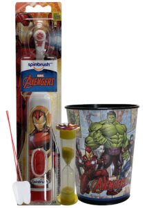 avengers battery powered bundle featuring ironman with 2 minute timer, matching avengers rinse cup, tooth saver necklace, and bag for when on the go!