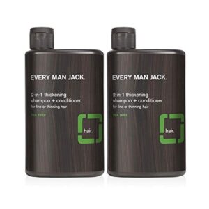 every man jack 2-in-1 thickening shampoo + conditioner - thicken, cleanse, and hydrate hair with coconut, aloe, and tea tree oil - naturally derived and no harsh chemicals - twin pack