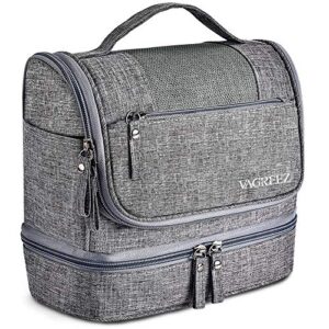 vagreez toiletry bag, upgraded large hanging travel toiletry organizer kit with heavy-duty zippers waterproof comestic bag dop kit for women men (grey)