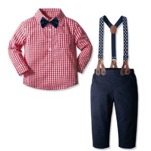 yilaku toddler boys dress clothes formal wedding outfits suspender + bow tie + shirt + pants 4piece infant gentleman suits (2t-3t,plaid red)