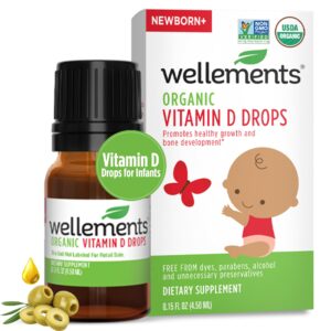 wellements baby organic vitamin d drops for infants & toddlers (0.15 fl oz) - certified newborn+ liquid vitamin d3 drops, support healthy growth & bone development (1 drop daily & 400 iu per serving)