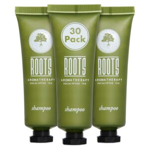 roots aromatherapy shampoo 1floz/30ml travel size hotel bulk pack (eucalyptus tea fragrance) toiletries for bathroom, guests, hotels, motels, and lodging (30 pack)