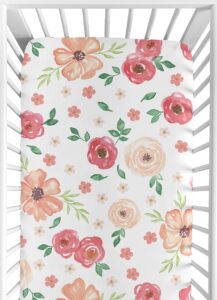 sweet jojo designs peach and green baby or toddler fitted crib sheet for watercolor floral collection - pink rose flower