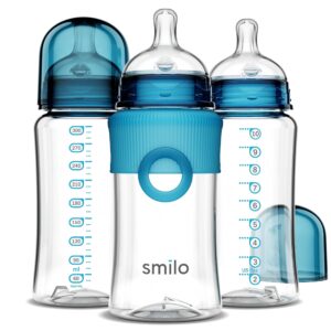 smilo baby bottle set with stage 0 slow flow anti colic nipple, 10 oz / 300 ml capacity, 3x pack of anti colic baby bottles 0-3 months - aqua blue