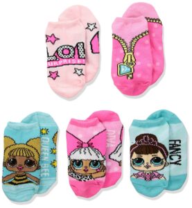 l.o.l. surprise! girls' big 5 pack no show, blue aqua/hot pink, fits sock size 9-11 fits shoe size 4-10.5