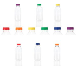 (6) 16 oz. clear food grade square plastic juice bottles with tamper evident caps 6/pack (mixed lids)