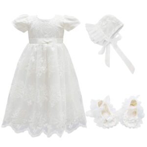 glamulice baby girls flower christening baptism dress formal party special occasion dresses for toddler light ivory white 3-6 newborn birthday holiday wedding pageant gowns lace shoes & hat event 3m