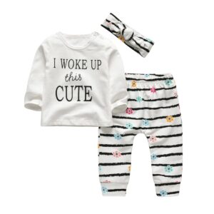 kukitty 3pcs baby girl outfits set i woke up this cute long sleeve t-shirt tops flowers pants with headband (12-18 months)