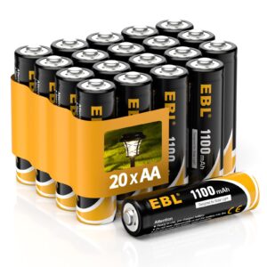 ebl 1100mah solar aa batteries for outdoor solar lights garden lights household devices, pre charged aa rechargeable batteries 1.2v high performance solar battery (pack of 20)