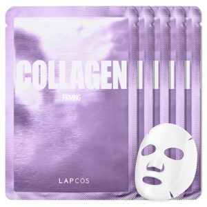 lapcos collagen sheet mask, firming daily face mask with collagen peptides for anti-aging, helps to minimize wrinkles, restores skin elasticity & firmness, korean beauty favorite, 5-pack