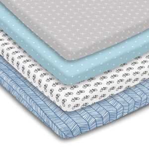 pack n play sheets – pack and play sheets 4 pack – 100% super soft jersey knit cotton playard mattress sheets – portable playpen sheet – fitted play yard mini crib sheet for boy & girl (24 x 38 x 5)