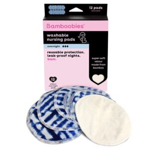 bamboobies women’s nursing pads, reusable and washable overnight pads, leak-proof pads for breastfeeding, shibori blue, 4 pads