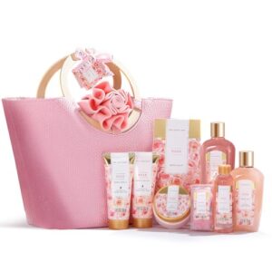 spa luxetique gifts for women - 10pc rose gift basket, deluxe spa tote bag bath set with wooden handle, bath salt, hand soap, body butter, mothers day gift sets, mothers day gifts for mom