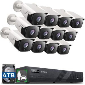 onwote 16 channel 4k nvr poe security camera system, 12x 6mp 122° outdoor audio ip cameras ai detect human vehicle, 16ch business nvr 4tb, 16ch synchro playback, 100ft 60ft cable, commercial cctv