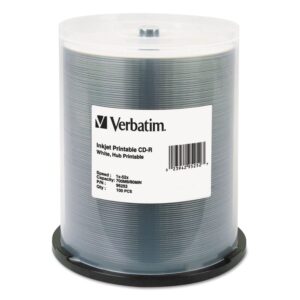 verbatim cd-r printable recordable disc, 700 mb, 52x, spindle, white, 100/pack