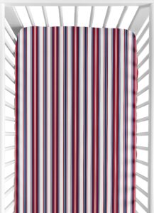 sweet jojo designs red, white and blue striped baby or toddler fitted crib sheet for baseball patch sports collection