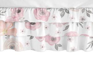 sweet jojo designs blush pink, grey and white shabby chic girl ruffled tiered baby crib bed skirt dust ruffle for watercolor floral collection - rose flower