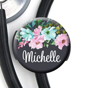 stethoscope tag - mint pink floral - personalized name - steth id tag/nurse badge