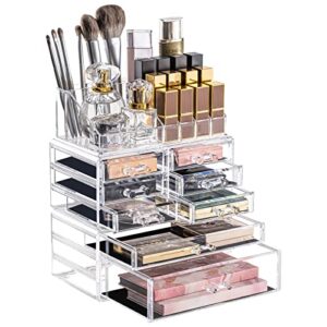 dreamgenius makeup organizer 3 pieces acrylic cosmetic storage drawers organizer for vanity and bathroom, stackable cosmetic organizer countertop with 8 drawers