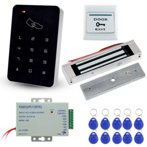 libo stand-alone door access control system kit set with 180kg/350lbs electric magnetic lock, dc12v/3a power supply, door exit release button, 10pcs rfid em id keyfobs