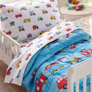 wildkin kids 4 pc toddler bed in a bag for boys and girls, microfiber bedding set includes comforter, flat sheet, fitted sheet, and one pillow case (trains, planes and trucks)