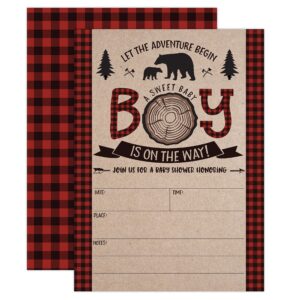 your main event prints lumberjack baby shower invitations - boy baby shower invitations - mama bear baby shower invites - woodland baby shower invitations - 20 fill-in invitations and white envelopes