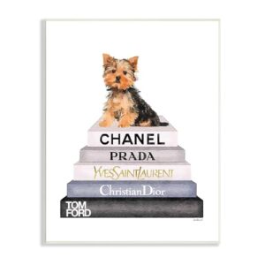 stupell industries book stack yorkie dog glam fashion watercolor wall plaque, 10x15, multi-color