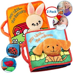 tobe readyforlife stimulating baby books 0-6 months and 6-12 months infants - crinkle books for babies - toys gift for 1 year old - soft cloth animals books for baby gift (2-pack)