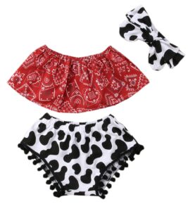 stylesilove baby girls cowgirl red bandana top with pom pom trim bloomers and headband 3pcs outfit (90/12-18 months)