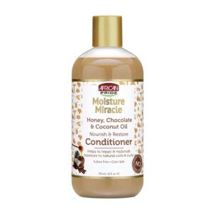 african pride moisture miracle honey, chocolate & coconut oil conditioner - helps repair & replenish moisture to natural coils & curls, nourishes & restores, sulfate free, color safe, 12 oz