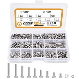 vigrue 810pcs m3 x 4/6/8/10/12/14/16/18/20 mm screw assortment kit 304 stainless steel phillips pan head machine screws bolts nuts lock flat washers with storage box