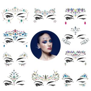 face gems, 10 sets mermaid face jewels festival face gems rhinestones rave eyes body bindi temporary stickers crystal face stickers decorations fit for festival party（10 sets collection）