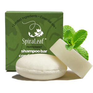 spiraleaf shampoo bar & conditioner bar set, peppermint pure essential oils, light scent, limited ingredients, concentrated formula, made usa, zero waste, color-fragrance free, travel ready