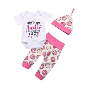 3pcs/set newborn baby girls outfit auntie bodysuit romper with headband+donuts long pants clothes set (pink, 0-6m)