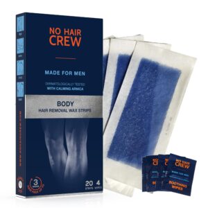 no hair crew body wax strips – high performance wax strips made for men, 20 strips & 4 soothing cleansing wipes