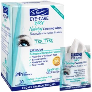 dr. fischer tea tree eyelid wipes: hypoallergenic eye wipes for dry, red, allergy eyes. long-lasting relief for computer vision & tired eyes. effective makeup remover for sensitive skin.