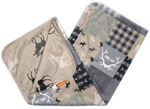 dear baby gear baby blanket - double layer, gender neutral for girls and boys, faux quilt soft infant blanket with gray tan adventure and grey moose on tan design, 40x30 inches