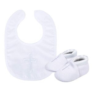 baby boys' premium soft sole cross christening baptism slipper shoes with embroidered cross bib, 2 pack 6-12 months