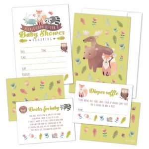 a set of 25 woodland animals baby shower invitations, diaper raffle tickets and baby shower book request cards with envelopes. gender neutral invites perfect for baby boys and baby girls.