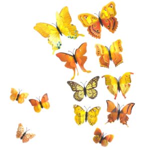 akoak 24 pcs 3d butterfly wall stickers, double-layer wing butterfly art decor decals with magnet and double-sided adhesive for room home nursery decor,yellow